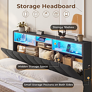 Tiptiper Full Size Bed Frame with LED Lights Headboard, Button Tufted Bed Frame Full with Outlets & USB Ports, Upholstered Bed with Storage, Dark Grey