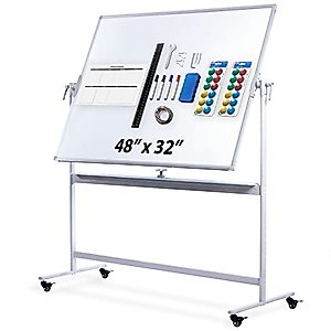 Creative Space White Board Dry Erase 48”x32” Magnetic Whiteboard with Stand Easel-Style Giant Rolling Board on Wheels for Homeschool Large Double Side Portable Teacher Supplies