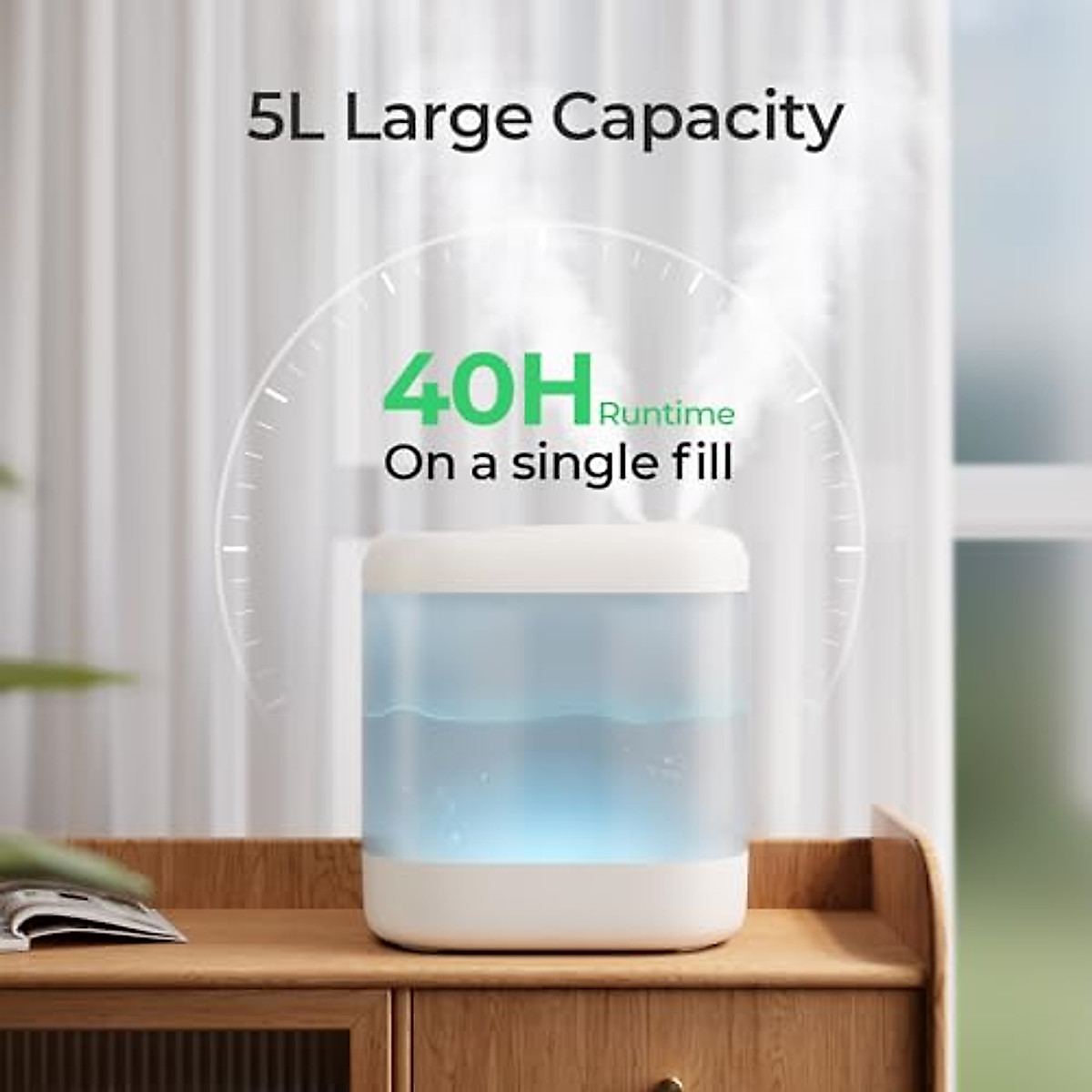 Homvana Humidifiers for Bedroom, 5L Super Easy to Clean Top Fill Auto Adapt Cool Mist Humidifier for Bedroom Plants Baby Kids for Home (Never Leaking Design), Quiet 40H Runtime, Essential Oil Diffuser