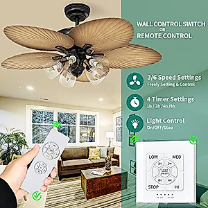 YITAHOME Tropical Ceiling Fans with Lights Remote, Wall Control Switch, 52 Inch Palm Leaf Fanlight with Clear Seeded Glass Light Kit, 3 Speed, 4 Timer, Silent Reversible Motor, Sandstone and Black