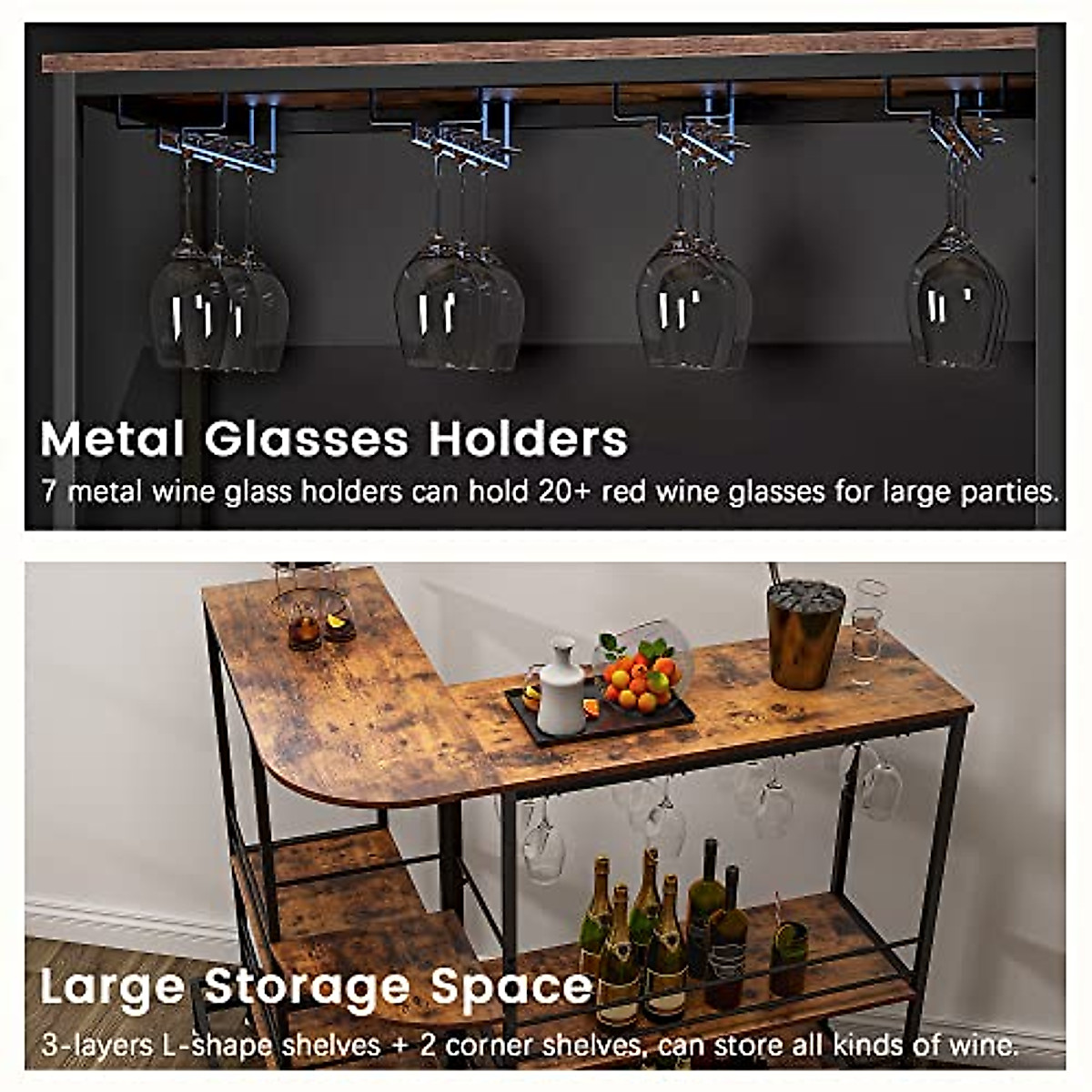 kepptory L-Shape Bar Table, 3-Tier Liquor Bar Table with Storage & Glasses Holder & Footrest, Farmhouse Wine Bar Cabinet for Home, FreeStanding Sideboard and Buffet Cabinet, Retro Brown