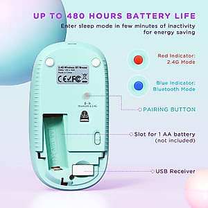 seenda Bluetooth Mouse - Dual Mode (Bluetooth 4.0 + 2.4GHz) Mouse with USB Receiver, Wireless Slim Portable Multi-Device Mice for iPad, MacBook, Laptop, PC (Gradient Mint Green to Purple)