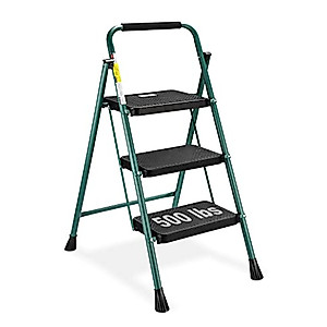 HBTower 3 Step Ladder, Folding Step Stool with Wide Anti-Slip Pedal, 500 lbs Sturdy Steel Ladder, Convenient Handgrip, Lightweight, Portable, Green and Black