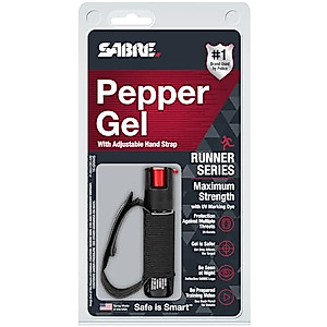 SABRE Runner Pepper Gel, Maximum Police Strength OC Spray, Reflective Hand Strap for Easy Carry & Quick Access, 0.67 fl oz, Secure & Easy to Use Safety, Optional Clip-On Alarm & LED Armband Combos