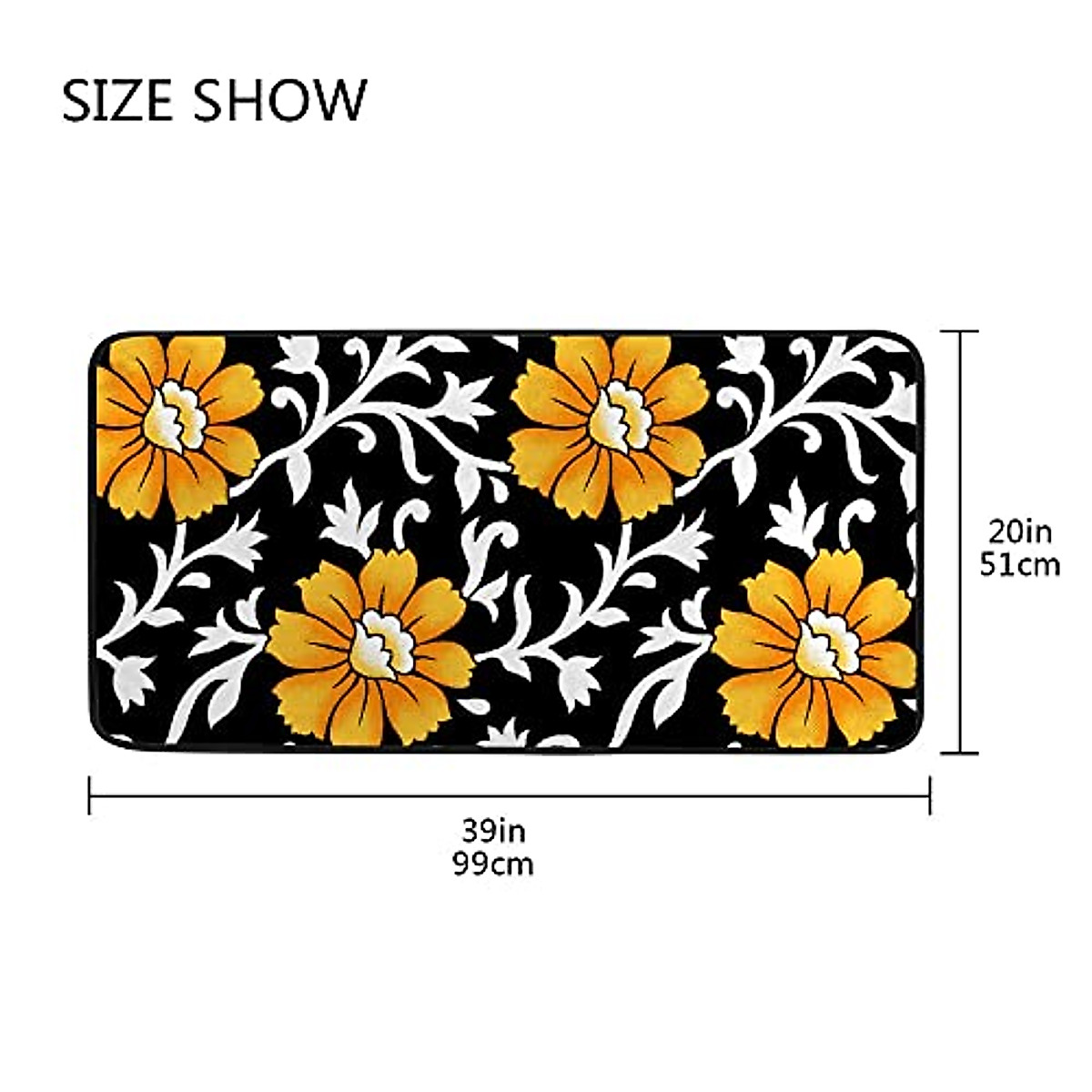 Kitchen Mat Rug Comfort Standing Mat Sunflower Floral Black Soft Absorbent Runner Rug for Hallway Entryway Bathroom 39x20 inch