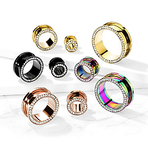 Stainless Steel CZ Crystal Lined Rim Screw Fit Tunnel Plug Gauges, Sold As Pair (Gold Tone, 19mm (3/4"))