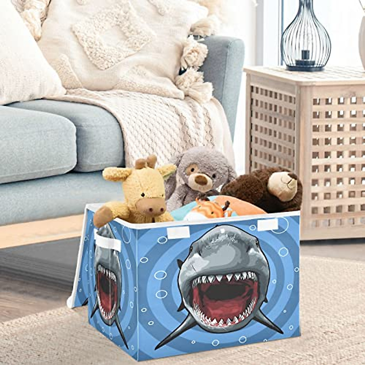 CaTaKu Sea White Shark Storage Bins with Lids and Handles, Fabric Large Storage Container Cube Basket with Lid Decorative Storage Boxes for Organizing Clothes