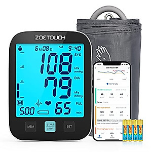 ZOETOUCH Bluetooth Blood Pressure Monitors for Home Use High Blood Pressure Machine, Smart Automatic Upper Arm BP Monitor Large Cuff, 500 Set Memory, Battery Included,LCD Backlit,Offline Storage