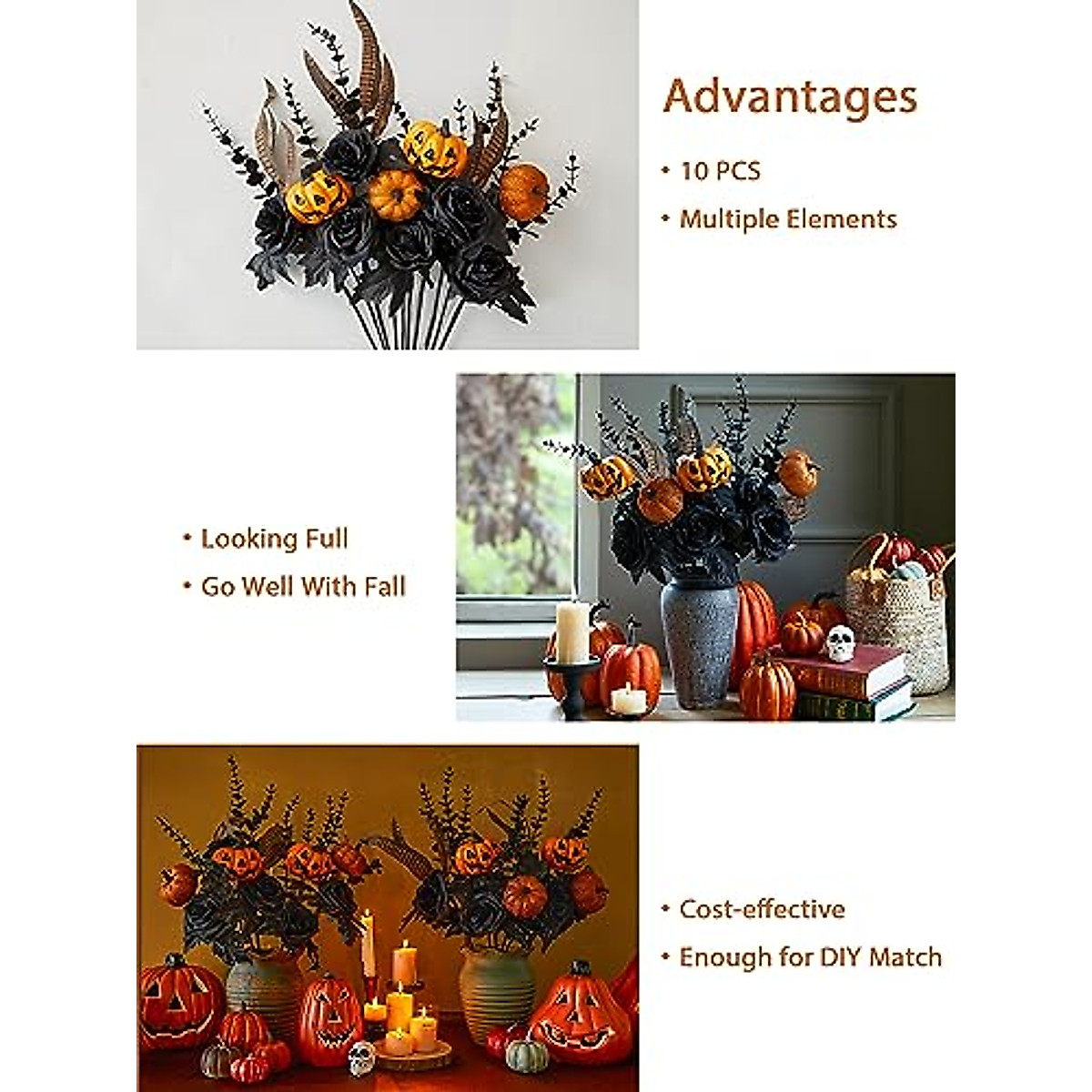Anna's Whimsy 10PCS Halloween Decor Artificial Flowers Black Roses with Pumpkins, Halloween Table Centerpiece for Dining Kitchen Living Room Bedroom Front Door, Silk Flowers Bouquet Indoor Outdoor