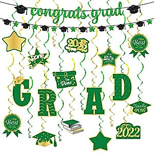 46 Pieces, XtraLarge Graduation Hanging Decorations - No DIY, Green Graduation Swirls | Glitter Congrats Grad Banner - 10 Feet | Green and Gold Graduation Decorations 2022 | Congratulations Banner
