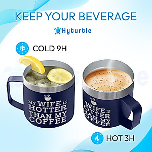 Hyturtle My Wife Is Hotter Than My Coffee Navy Mug/Tumbler 14oz Gift For Husband, Present Idea For Him From Wife - Fathers Day - Birthday Gift Ideas For Men - Christmas Gifts For Husband