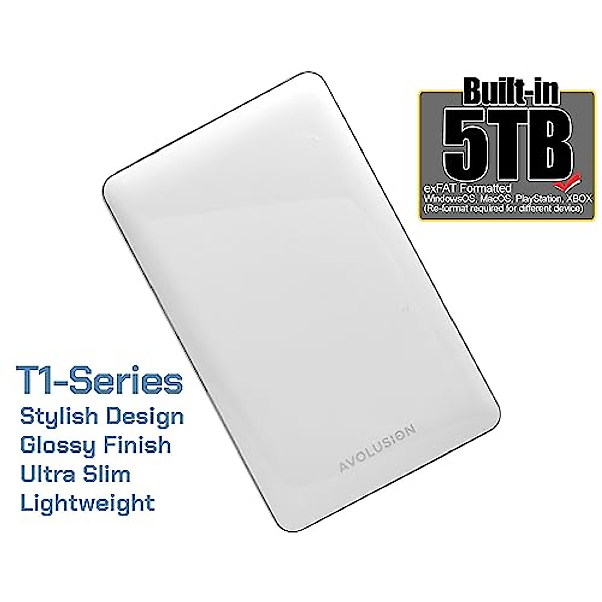 Avolusion T1 Series 5TB USB 3.0 Portable External Hard Drive for PC, Mac, Playstation & Xbox (White) - 2 Year Warranty