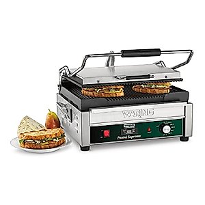 Waring Commercial WPG250T Panini Supremo Large Ribbed Panini Grill, With 20 Minute Countdown Timer, 120V, 1800W, 5-15 Phase Plug,Green