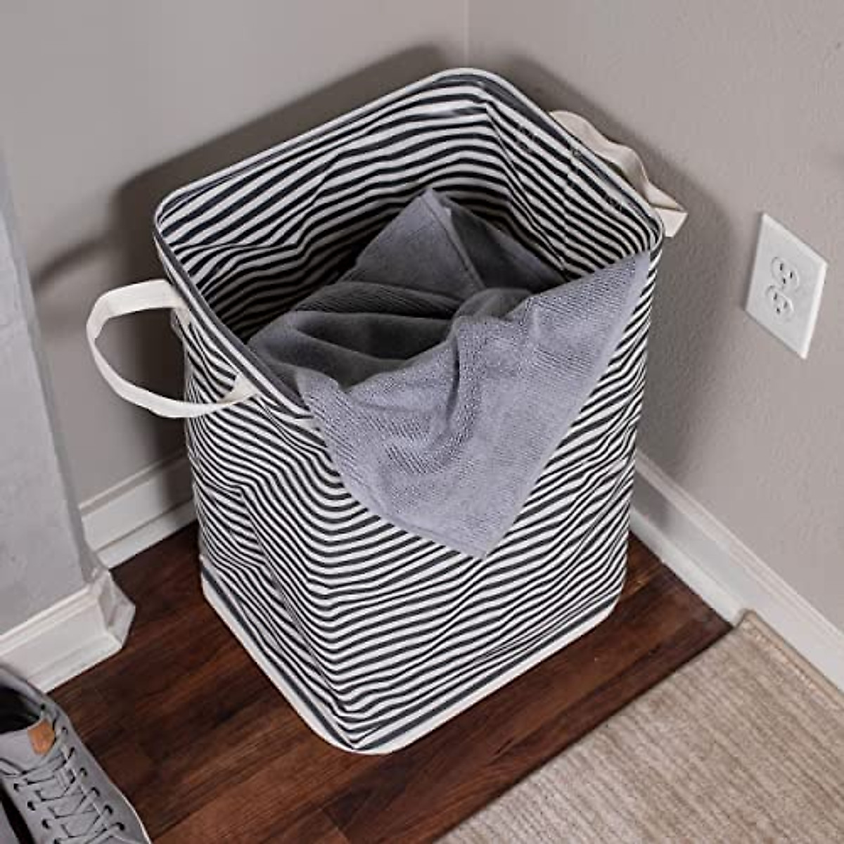 BIRDROCK HOME 61L Collapsible Single Square Laundry Hamper Basket - Grey & White Stripes Bin - Compact Dirty Clothes Organizer Bag - Lightweight Tote