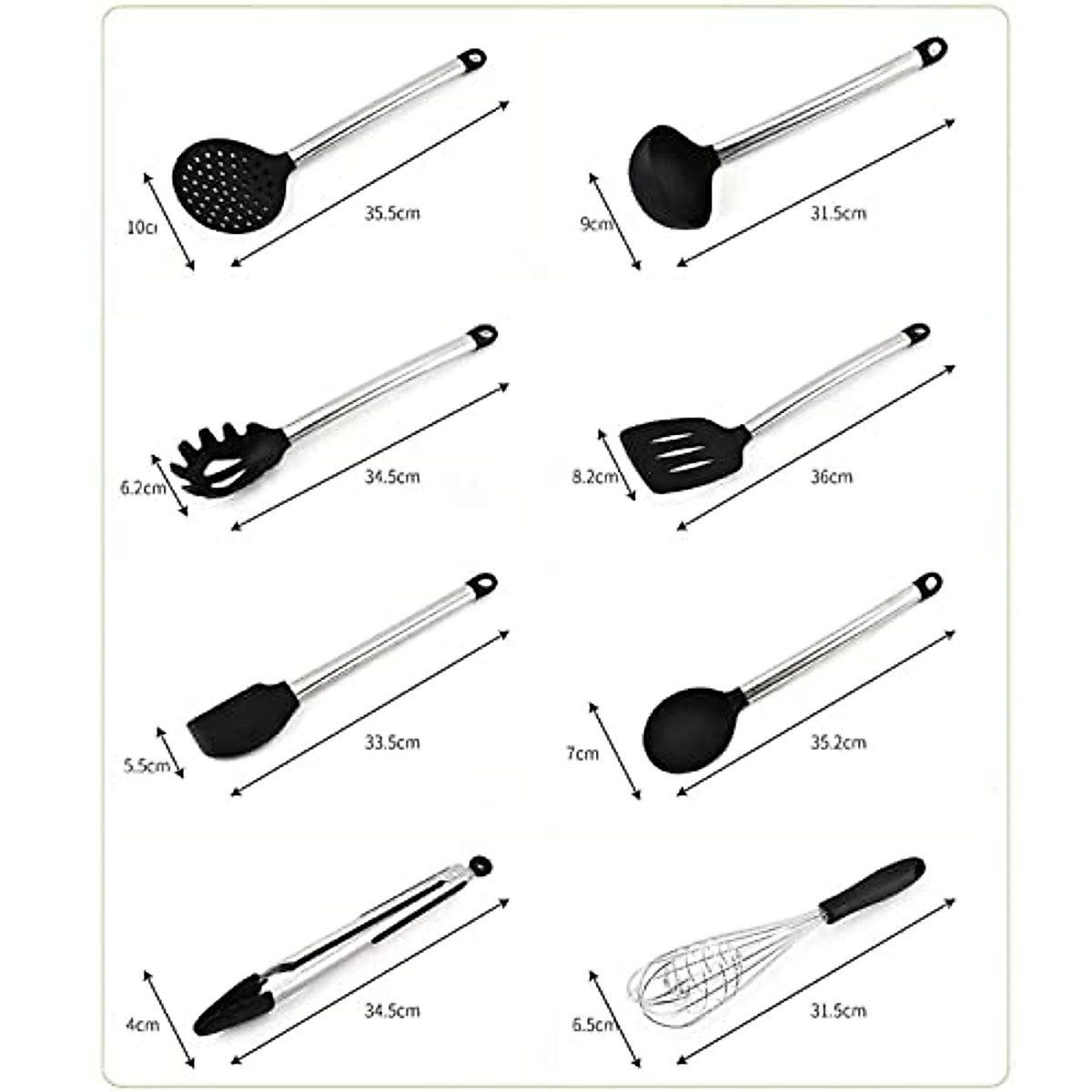 RANIT High Temperature Silicone Kitchenware 8-piece set, Stainless Steel Handle Silicone Spatula, Food Clip, Egg Whisk, Scraper Set (Gray)