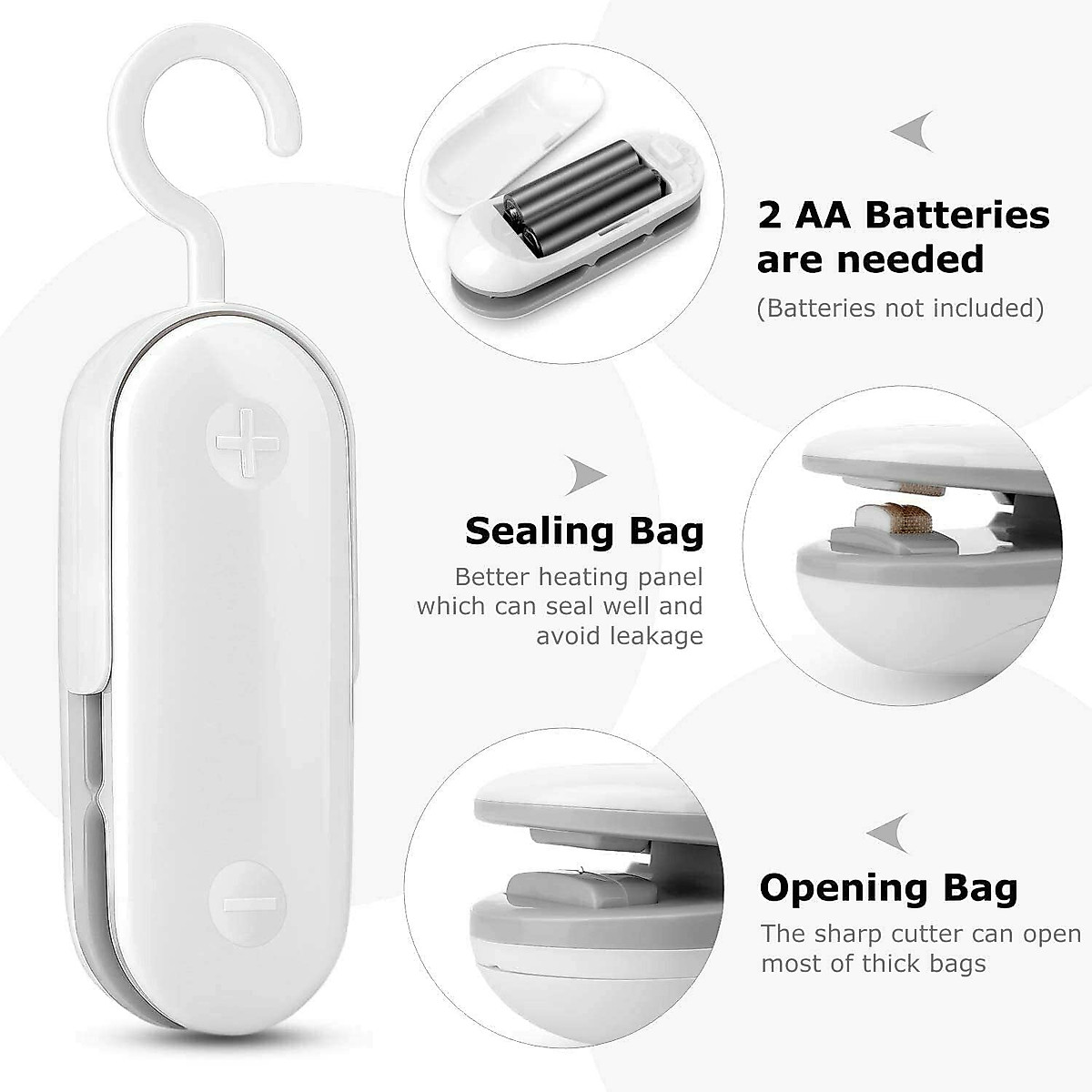 Mini Bag Sealer, Portable Sealing Bags Machine, Handheld Heat Food Vacuum Sealer Machine with Cutter and Hook for Snack, Plastic Bags, Storage, Potato Chip Cookie Bags (White)