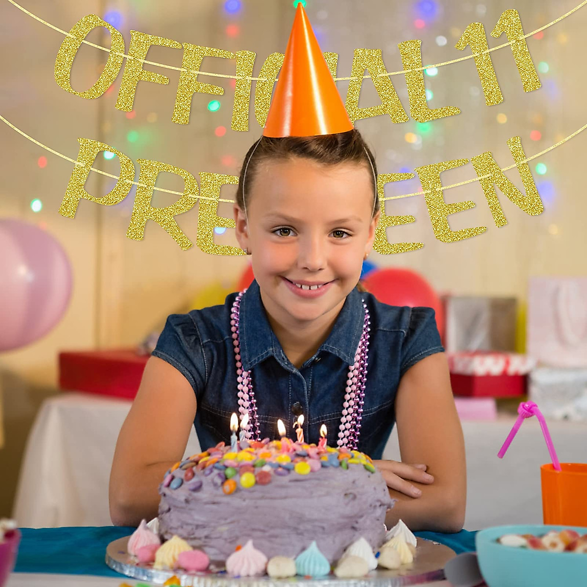 11th Birthday Gold Glitter Banner, Official 11 Pre-Teen Decoration, Cheers to 11 Years Old Birthday Party Sign