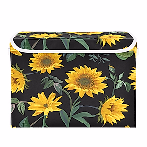 Vnurnrn Collapsible Storage Bins with Lids, Sun Flower Yellow Flowers Foldable Storage Boxes, Storage Box Cube with Lid for Clothes,Bedroom,Toys,16.5x12.6x11.8 Inch