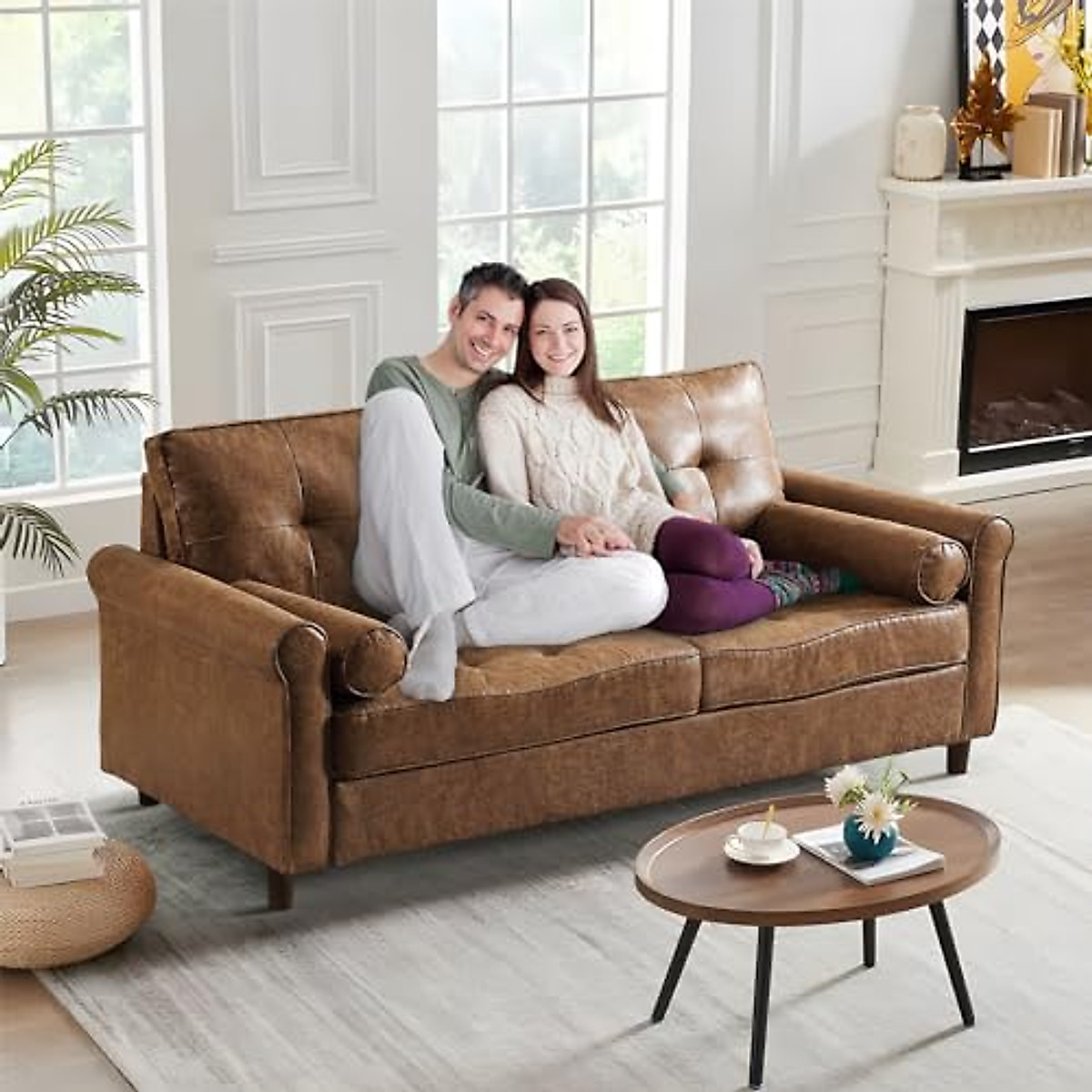 JEEOHEY Small Couch, 64 Inch Mid-Century Modern Faux Leather Upholstered Loveseat Sofa Furniture for Small Space, Living Room, Bedroom, 2 Throw Pillows, Rolled Arm, Comfy Seat & Back Cushion, Brown