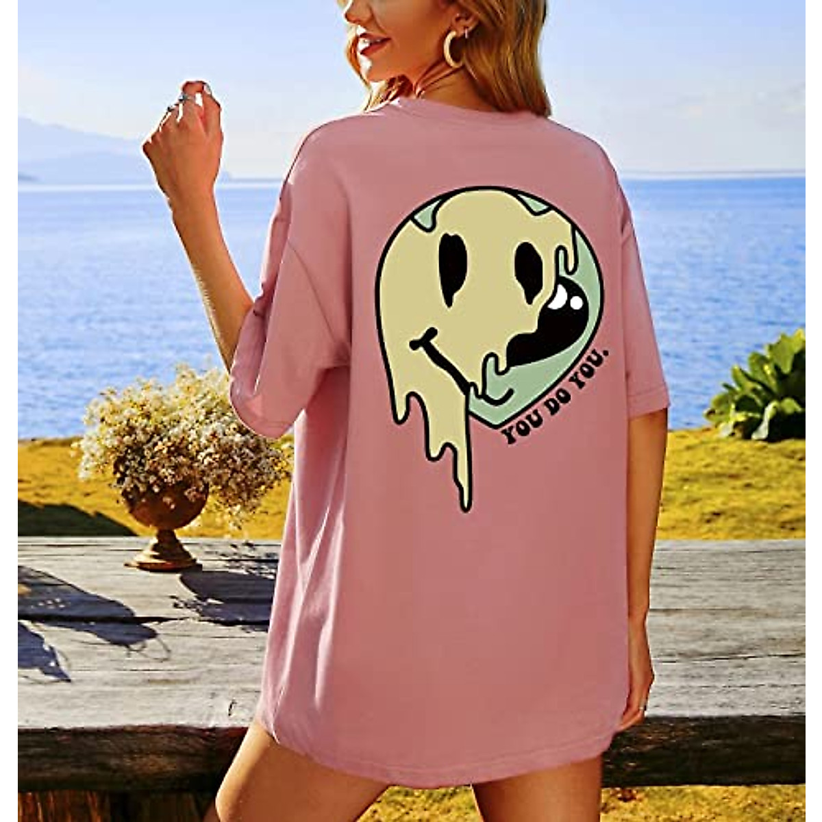MISSACTIVER Women Oversized Graphic Print Tee Shirt Loose Short Sleeve Round Neck Drop Shoulder Tee Top Pullover Pink
