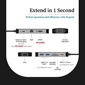 ADAM elements USB-C Hub/Laptop Docking Station – CASA Hub X 10in1 Multiport Adapter for Mac & PC - USB-C PD, USB-C, USB-A 3.1 x2, HDMI, VGA, RJ45, SD & microSD Card Reader, Audio