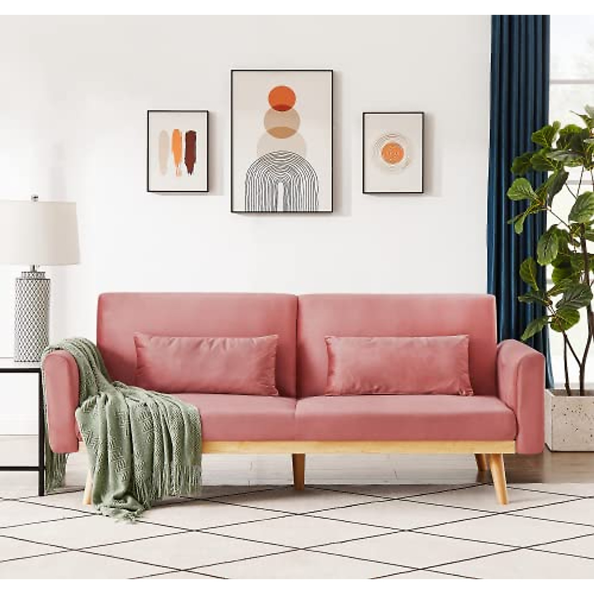 AWQM Velvet Futon Sofa Bed, Memory Foam Couch Set, Upholstered Modern Daybed Convertible Folding Loveseat Recliner with Pillows and Wooden Frame for Compact Living Room, Apartment, Dorm, Office (Pink)