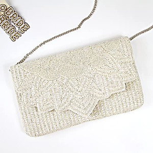 White Flower Scallop Pearl Clutch Bag, Bride Clutch, Hand Beaded Purse, Evening Bag, Gifts for Engagement, Bridal Shower, Bachelorette, Wedding Party