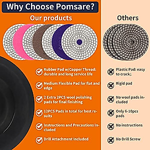 14PACK Diamond Polishing Pads with Rubber Backer & Wool Felt, 4 Inch Wet Dry Marble Granite Polishing Kit for Grinder Drill Polisher, 50-8000 Grit Sanding Pad for Quartz Countertop Tile Stone Concrete