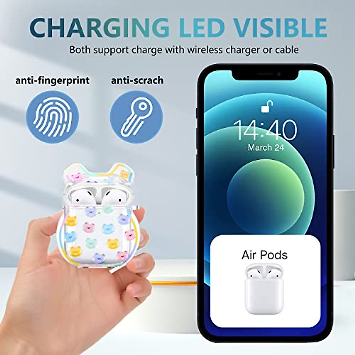Cute AirPod Cases Korea Funny 3D Bear Design with Coloful Round Bead Bracelet Clear Soft Protective Cover Compatiable with AirPods 1st & 2nd Generation for Women and Girls