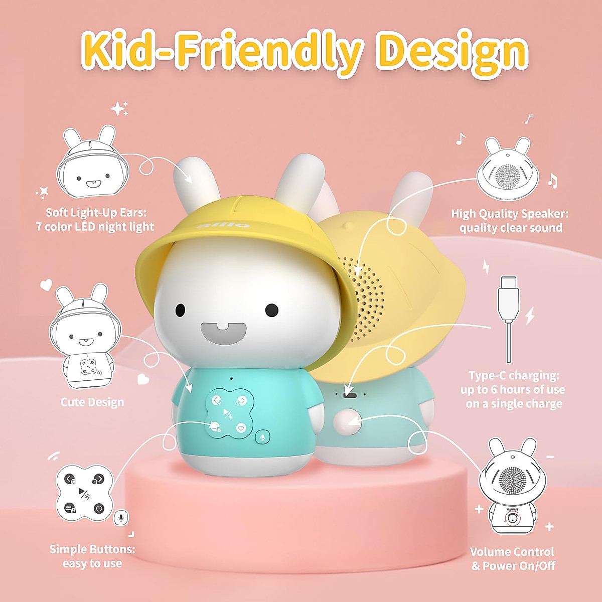 alilo Bunny Kids Music Player Storytelling Toys for Toddler Infant Baby Gift Pre-stored 16 Bedtime Stories/48 Nursery Rhymes/12 Soothing Music/White Noise, with Nightlight,Bluetooth,Record Function