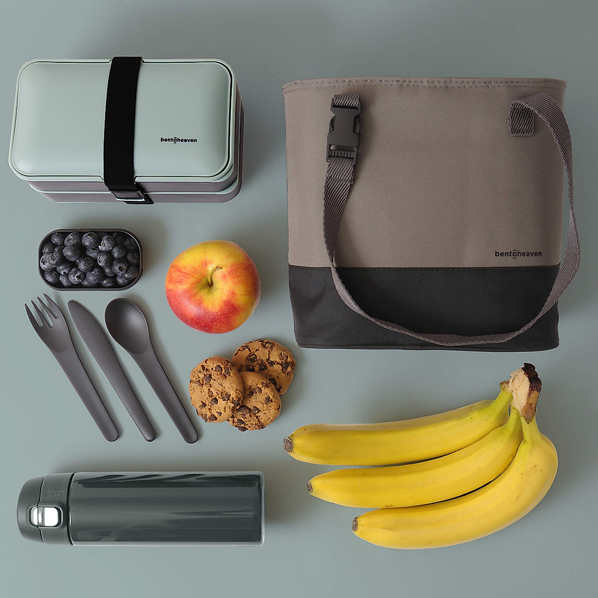 Bentoheaven Premium Bento Lunch Box with Insulated Lunch Bag - Includes Sauce Cup, Divider, Cutlery & Chopsticks - Made of Durable Aluminum and Foam