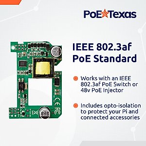 PoE Texas Raspberry Pi PoE Hat - Power Over Ethernet PiHat Fits Raspberry Pi 3 B+ and Pi 4 - Slim, Sleek, Compact, Heat Sink, Fanless - Works with Active 802.3af PoE Network Switch or 48v PoE Injector