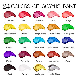 Acrylic Paint Set of 24 Colors 2fl oz 60ml Bottles with 3 Brushes,Non Toxic 24 Colors Acrylic Paint No Fading Rich Pigment for Kids Adults Artists Canvas Crafts Wood Painting