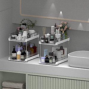 Alwytlon 2 Sets of 2-Tier Under Sink Organizer and Storage, Sliding Bathroom Cabinet Organizer with Hooks, Multi-purpose Pull Out Storage Shelf for Bathroom Kitchen, transparent & White