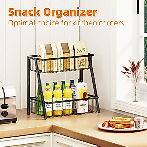 Simple Trending 2 Tier Fruit Basket Metal Wire with 4 Banana Hooks, Countertop Fruit Vegetable Basket Kitchen Organizer for Bread Snack Veggies Produce, Black