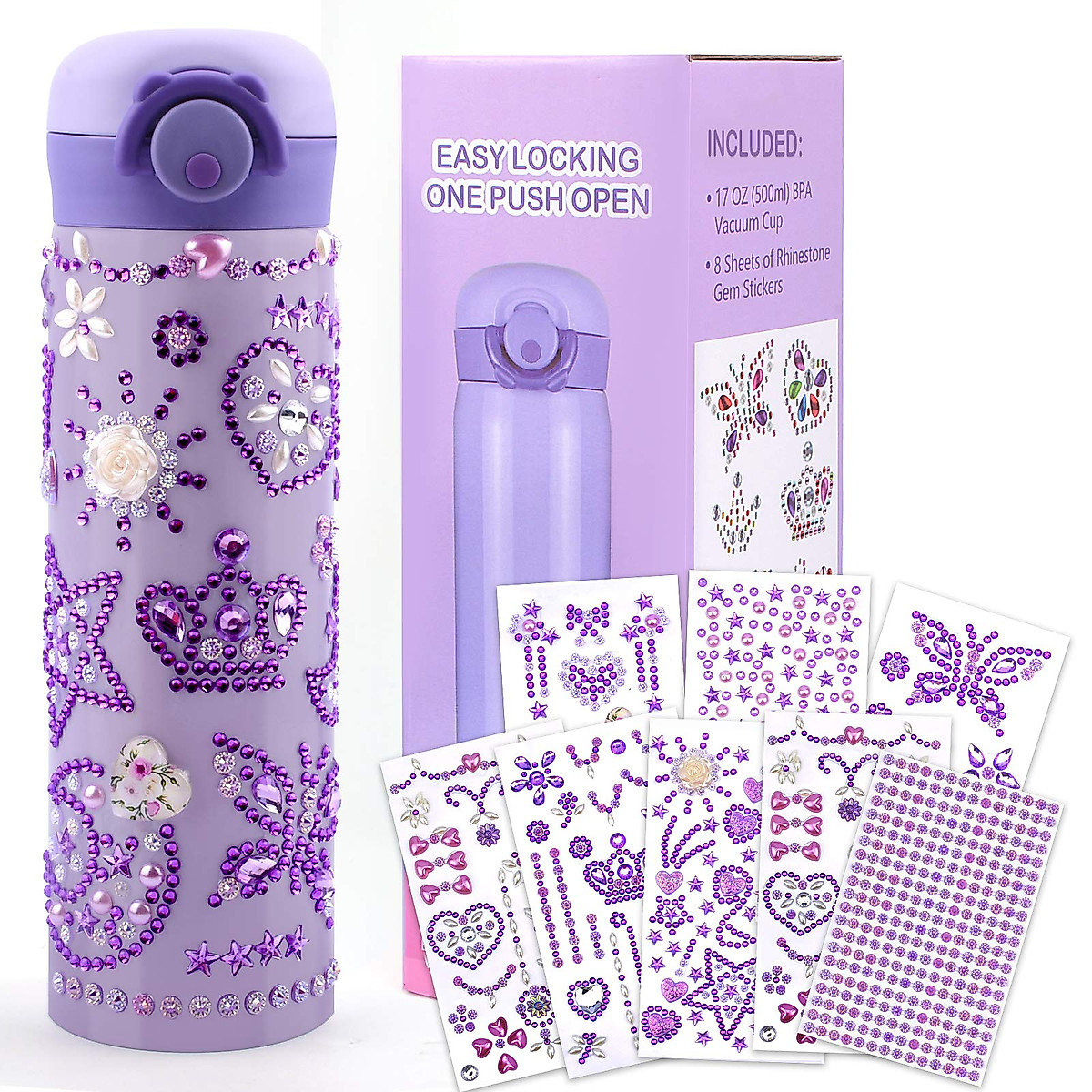 HULASO Valentines Day Gifts for Kids 7 Year Old Girls Decorate Your Own Water Bottles with Gem Stickers - DIY Gifts Arts and Crafts, BPA Free Stainless Steel Vacuum Insulated Mug (17 OZ)