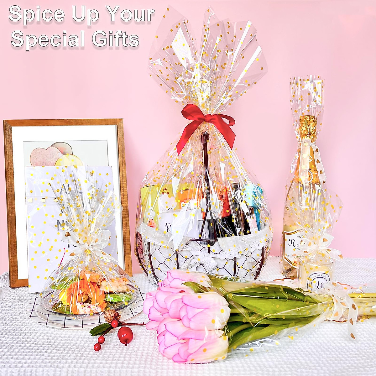 SYOGUA 100ft X 34in Extra Wide Clear Cellophane Wrap with Gold Polka Dots, Transparent Thicker Clear Cellophane Wrapping Paper, Clear Gift Wrap Cellophane Roll for Baskets, Treats, Holiday, Christmas Gifts