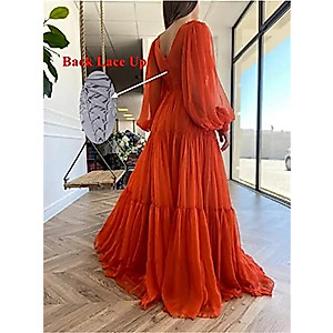 Women's Puffy Tulle Formal Evening Party Gowns Long Sleeve Princess Dress V Neck Ruched Prom Dresses White