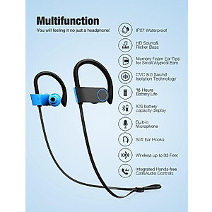 Otium Bluetooth Headphones, Wireless Earbuds IPX7 Waterproof Sports Earphones with Mic HD Stereo Sweatproof in-Ear Earbuds Gym Running Workout 15 Hours Battery Sound Isolation Headsets Blue
