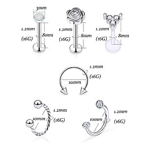 Vsnnsns 16G Lip Rings Stainless Steel Opal Horseshoe Labret Monroe Lip Rings Nail Cartilage Tragus Helix Earrings Studs Septum Ring Medusa Piercing Jewelry Retainer For Women Men Silver 8mm 26PCS
