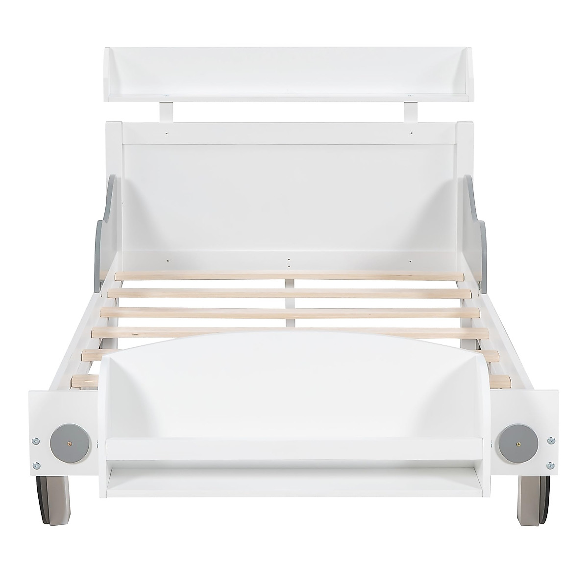 Twin Size Car-Shaped Platform Bed Frame for Boys Girls Kids Adults Toddler,Twin Bed with Storage Shelf for Bedroom,White