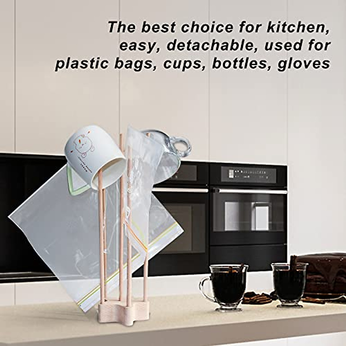 NOKI Plastic Bag Drying Rack, Reusable Ziplock Bag & Cups Dryer Rack, Water Bottle Drying Rack, Wooden Multi-Purpose Drying Rack for Kitchen Counter.
