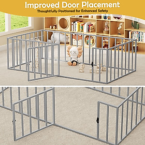 ROOMTEC Montessori Twin Floor Bed Frame Metal 77×41×21 with Fence and Door Easy Assembly for Bedroom Playroom