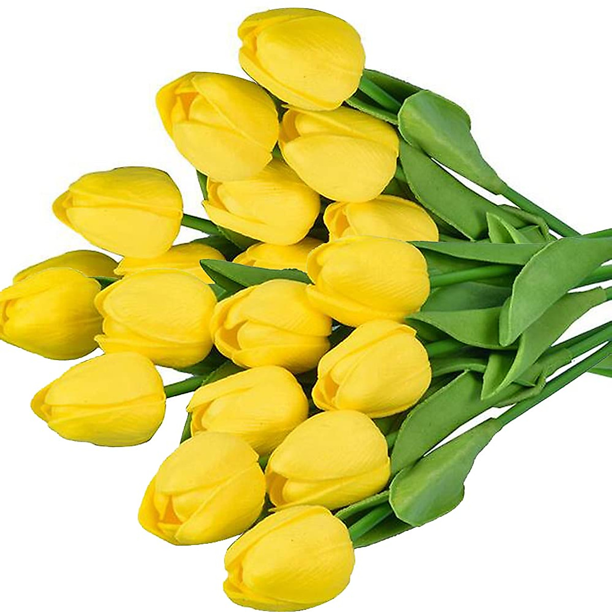 BOMJJOR 20 Heads Tulips Artificial Flowers Real Touch Tulips Silk Artificial Tulips Flower Bouquet for Room Centerpiece Party Wedding Office Garden Home Decor 13.4" Authentic PU Tulips (Yellow)