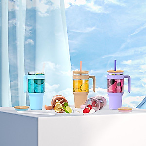 Tronco 40 oz Glass Tumbler with Handle, Reusable Glass Tumbler with Straw and Lid, Iced Coffee Cup with Bamboo Lid, Glass Water Bottles Fit in Cup Holder, Smoothie Cup