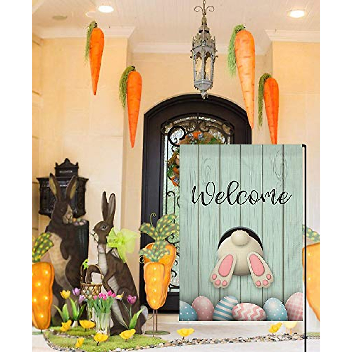 Welcome Spring Easter Bunny Small Garden Flag Egg Vertical Double Sided Burlap Yard Outdoor Decor 12.5 x 18 Inches (126019)