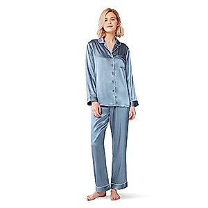 SIORO Silky Pajamas for Women Satin Pajama Sets Long Sleeve Button Down Sleepwear PJ's Soft Loungewear, Blue Grey, Medium