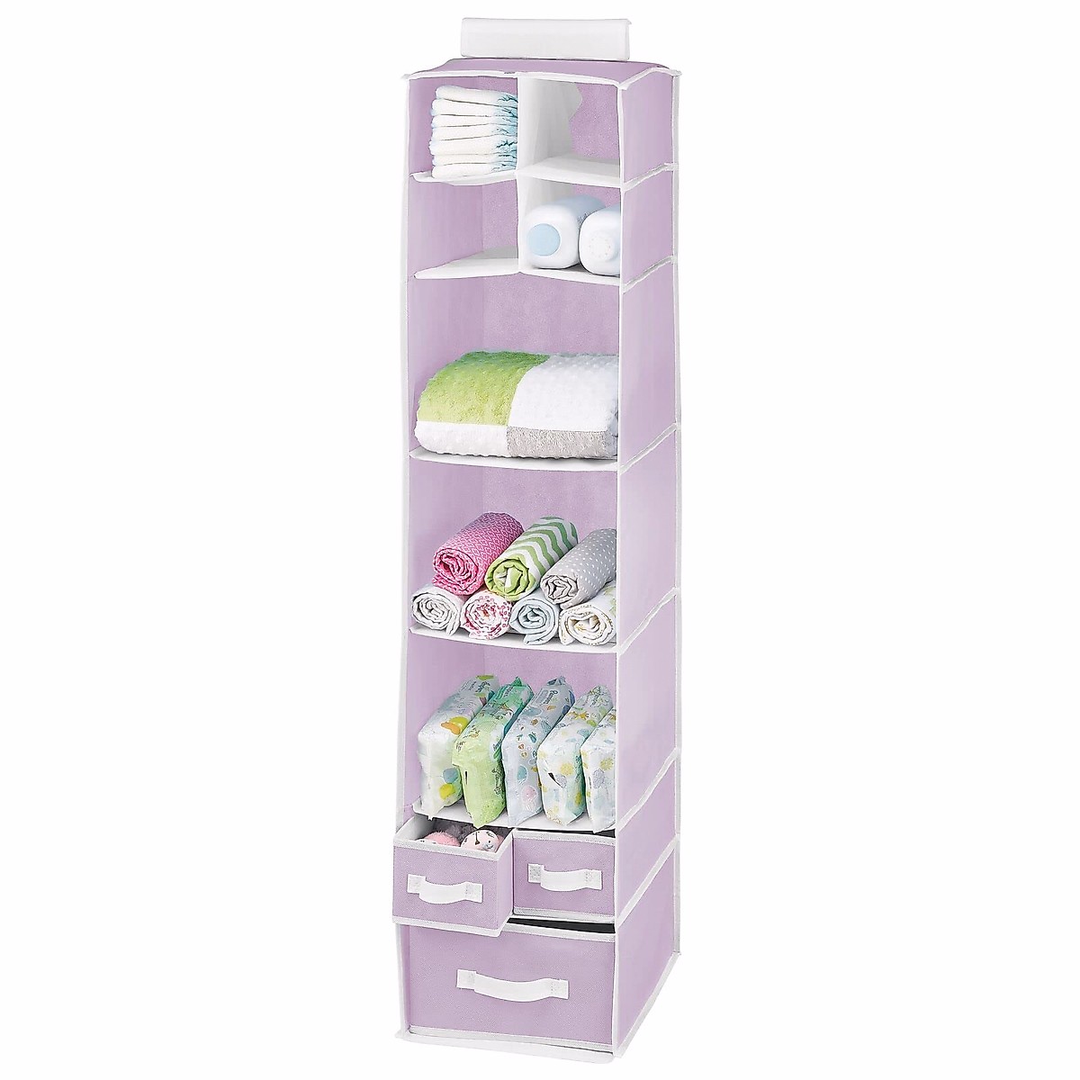 mDesign Fabric Hanging Organizer - Over Closet Rod Storage - 7 Shelves/3 Drawers for Baby Nursery or Bedroom Organization, Holds Clothes, Linens, Toys, Accessories, Jane Collection, Light Purple/White