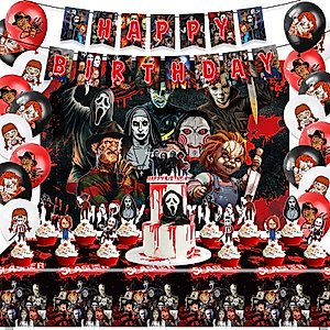 Horror Classic Movie Birthday Supplies, Horror Themed Character Party Decorations Includes Banners, Cake Toppers, Balloons, Cupcake Toppers, Backdrop, Tablecloths, Scream Party Gift for Fans Kids