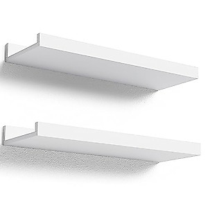 Boswillon Floating Shelves Wall Mounted Set of 2, Modern White Wall Shelves for Bedroom, Nursery White Shelves with Lip, Display Picture Ledge Shelf for Wall Decor Living Room Bathroom Kitchen - White